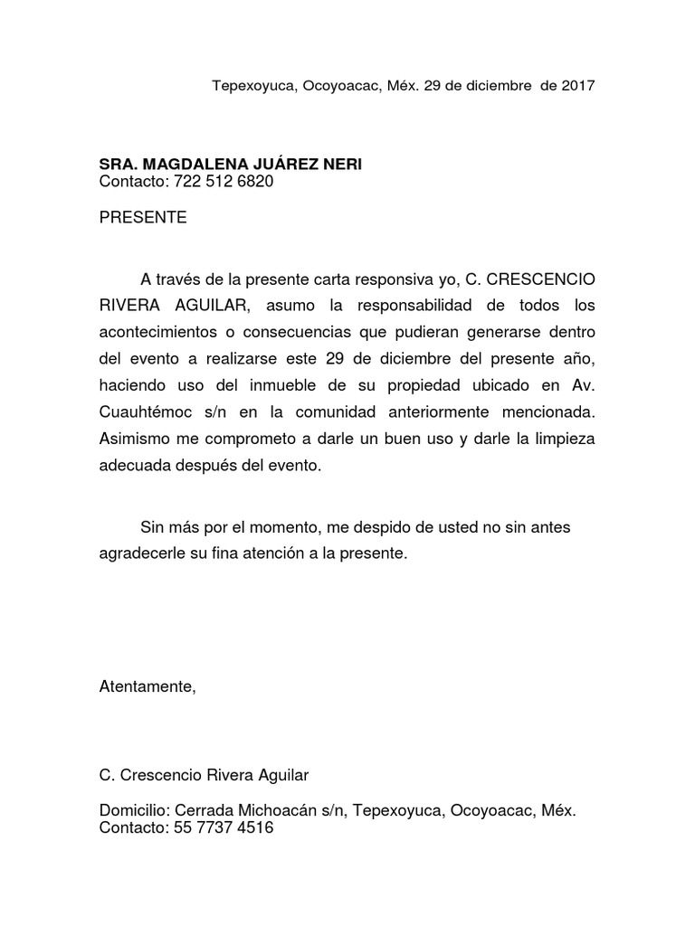 Ejemplo de carta responsiva simple | PDF