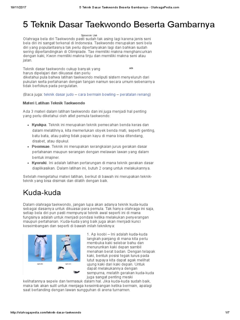 5 Teknik Dasar Taekwondo Beserta Gambarnya - OlahragaPedia | PDF