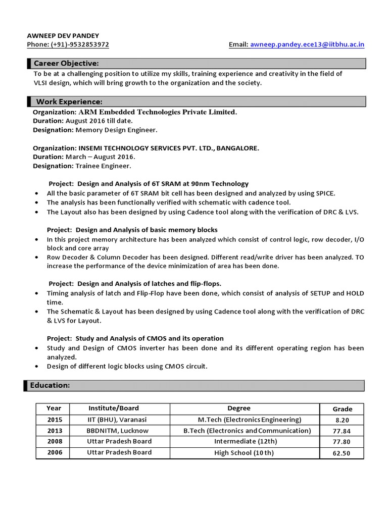 Awneeppandey - Memory Design Engineer - IIT BHU | PDF | Electronics ...