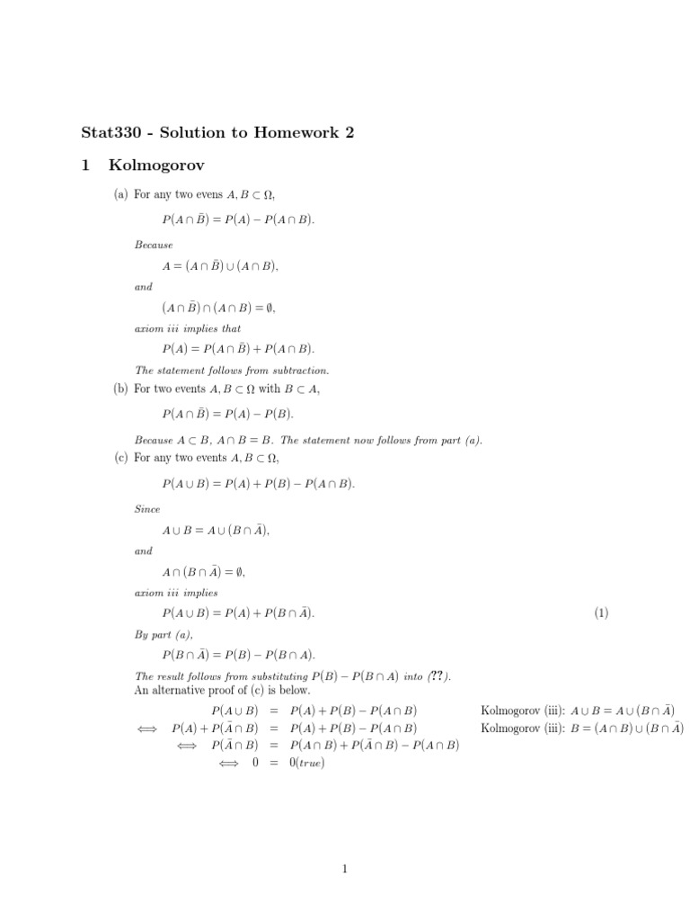 Stat330 - Solution To Homework 2 1 Kolmogorov | PDF | Subtraction ...