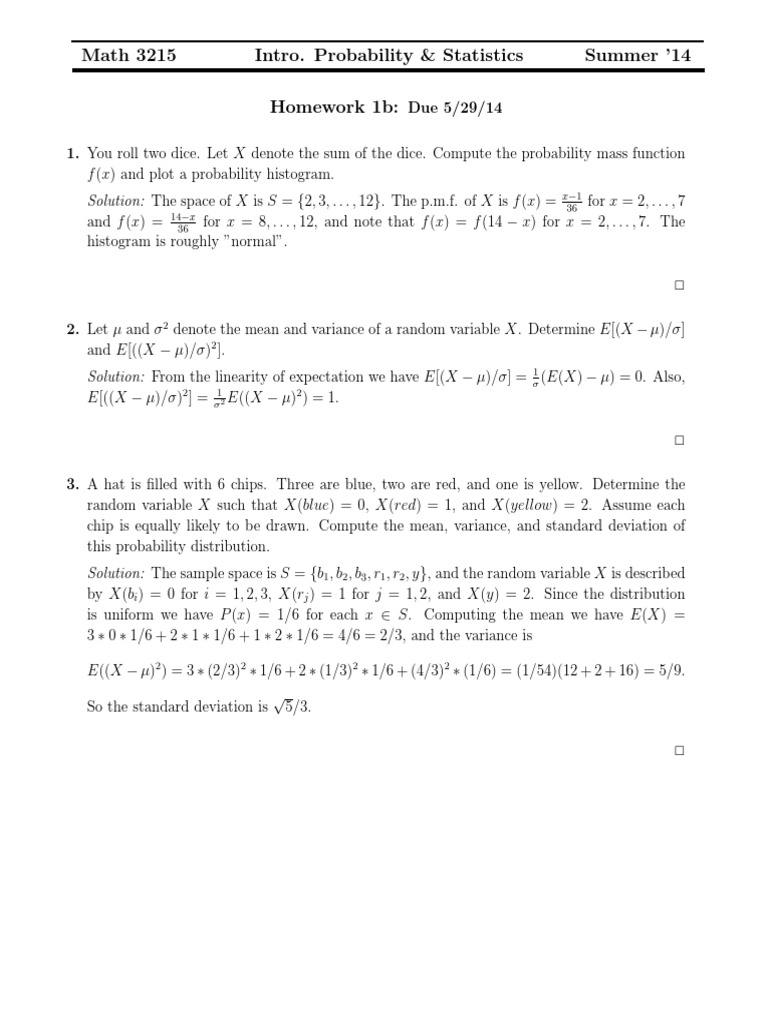 Probability Distributions and Statistics Homework: Solutions for ...
