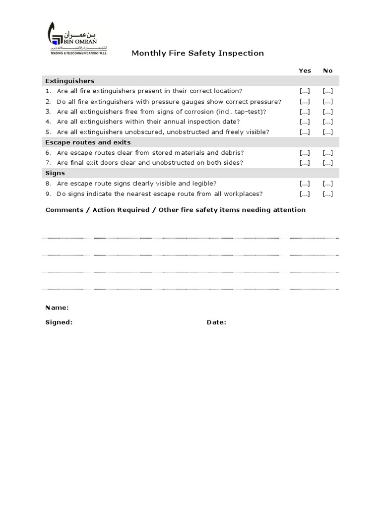 Monthly Fire Safety Inspection | PDF