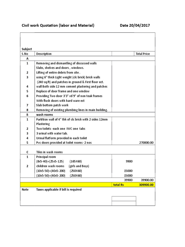 Civil Work Quotation (Labor and Material) Date 20/04/2017 | PDF