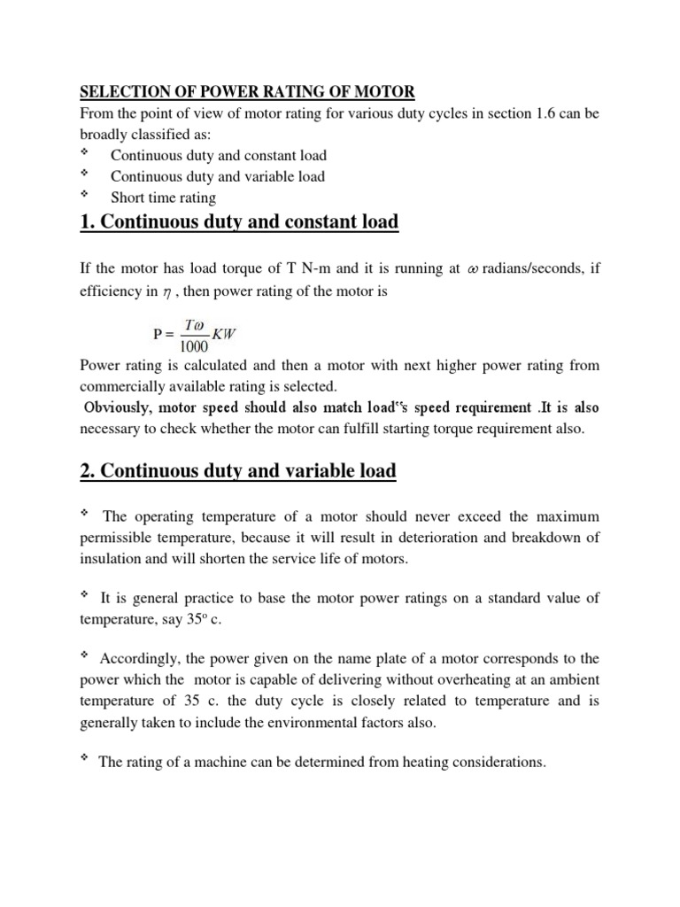 Motor Power Rating Selection Guide | PDF | Torque | Temperature