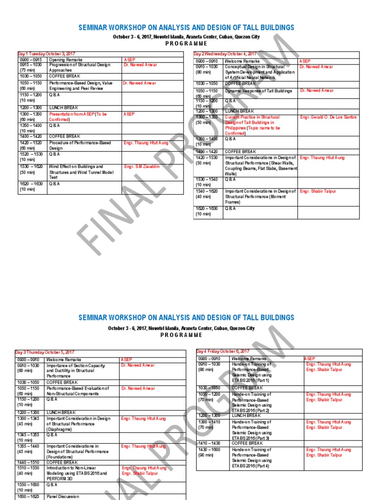 Seminar Workshop On Analysis and Design of Tall Buildings: Programme | Download Free PDF ...