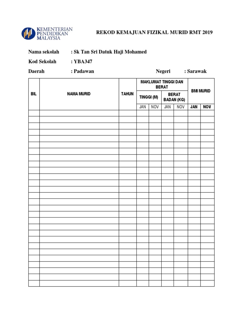 Rekod Kemajuan Fizikal Murid RMT 2018 | PDF