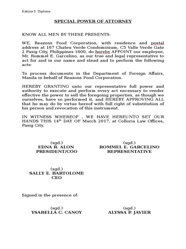 Special Power of Attorney: Katrina S. Diploma | PDF | Notary Public ...
