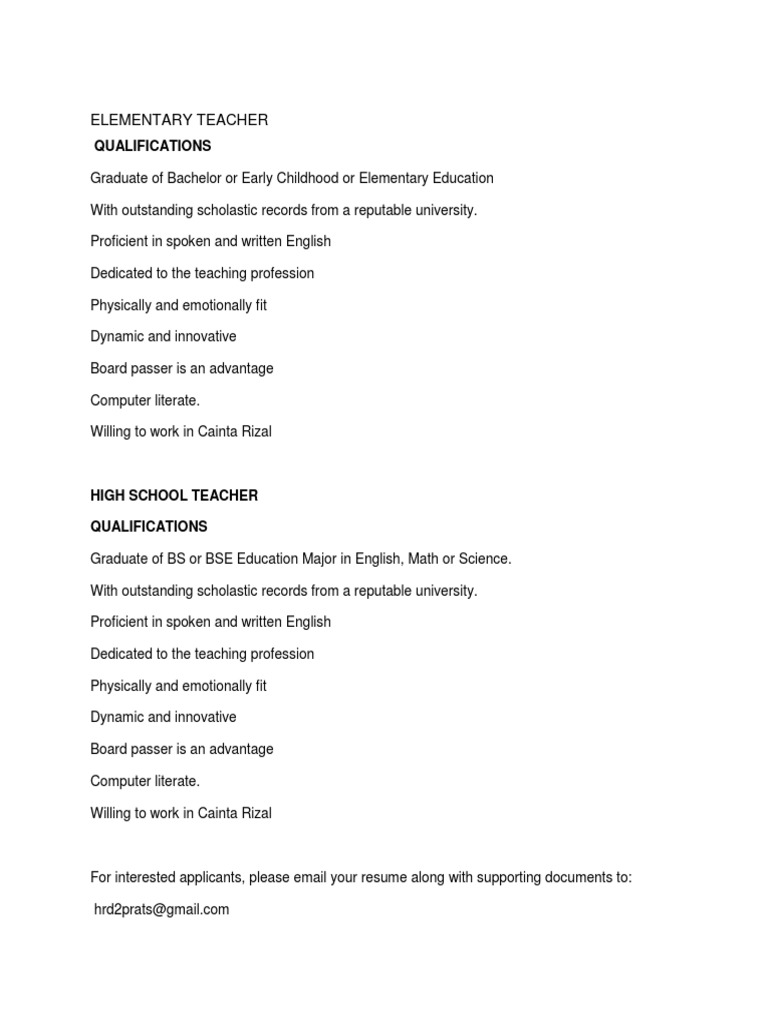 Elementary Teacher Qualifications Needed | PDF | Career & Growth