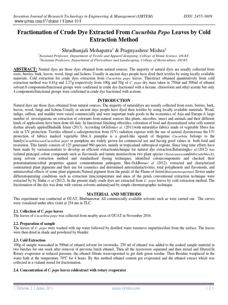 Fractionation of Crude Dye Extracted From Cucurbita Pepo Leaves by Cold ...