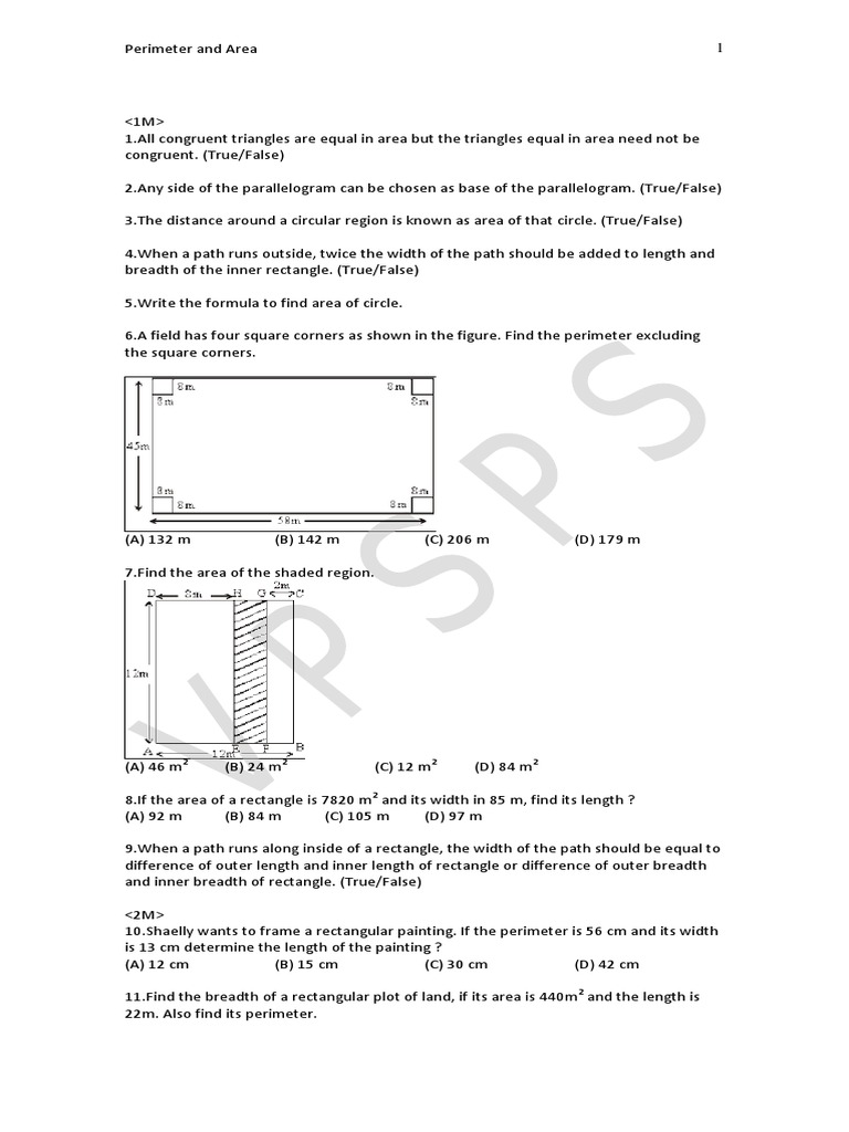 Class 7 Perimeter and Area Worksheet | PDF | Area | Rectangle