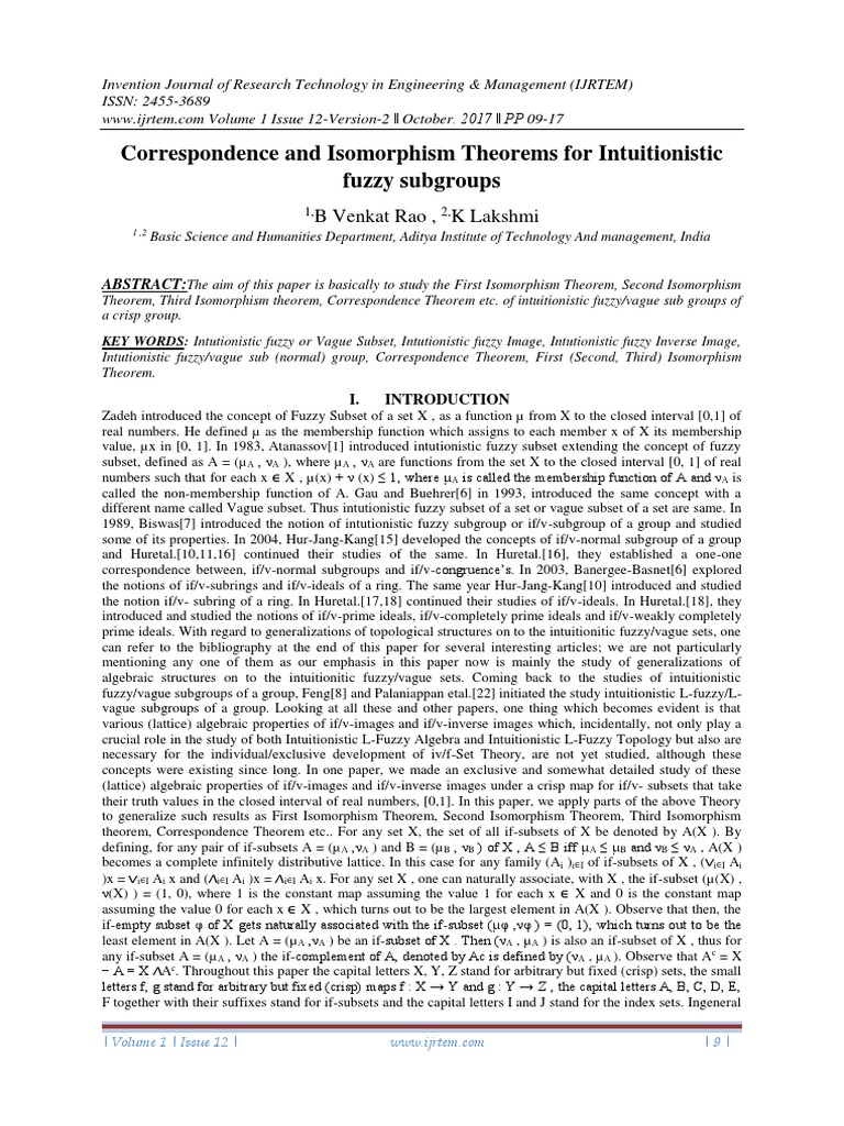 Correspondence and Isomorphism Theorems For Intuitionistic Fuzzy Subgroups | PDF | Fuzzy Logic ...