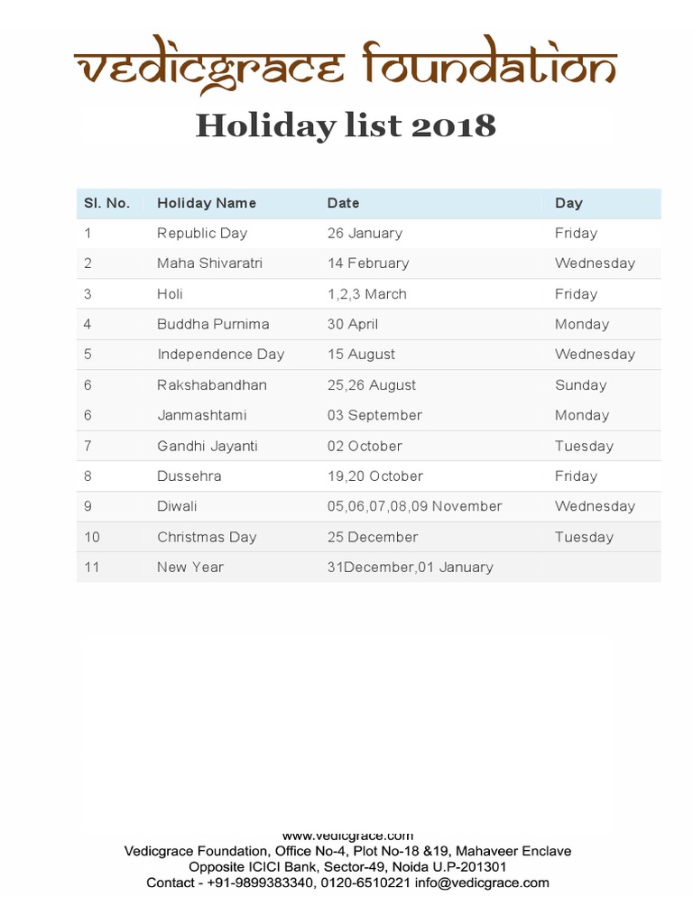 Holiday List | PDF