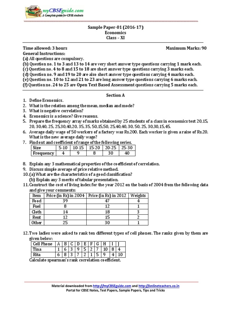 Sample Paper-01 (2016-17) Economics Class - XI Time Allowed: 3 Hours Maximum Marks: 90 General ...