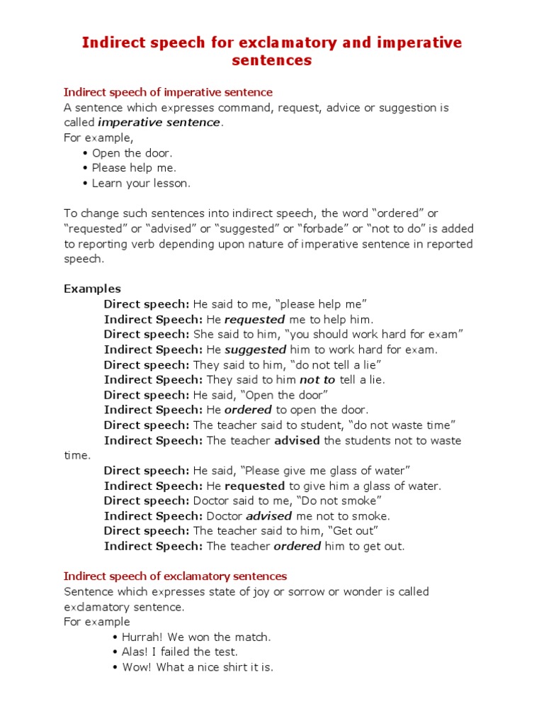 Indirect Speech For Exclamatory and Imperative Sentences | PDF ...