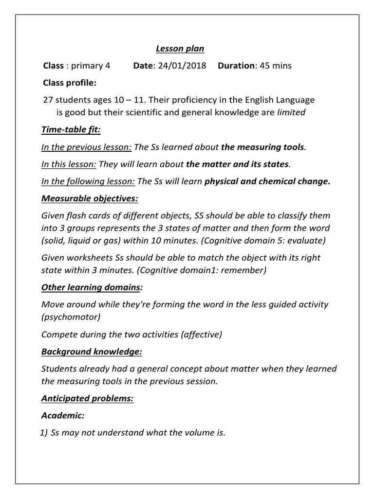 States of Matter Lesson Plan for Grade 4 | PDF | Matter | Volume
