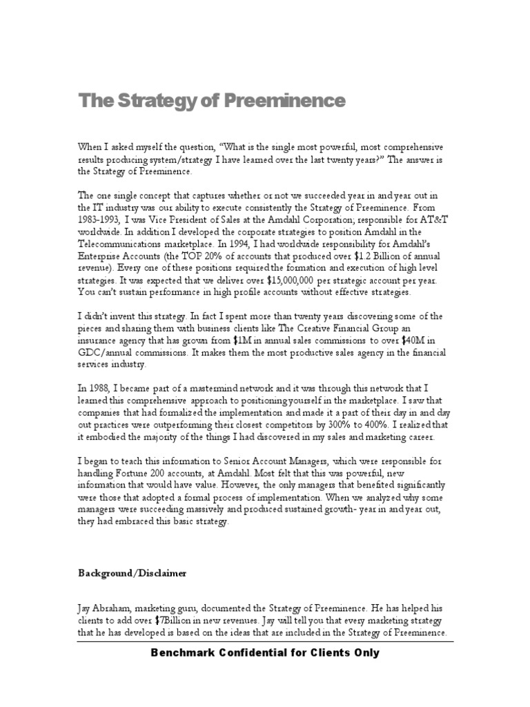 The Strategy of Preeminence Adapted For A Client1 | PDF | Strategic ...