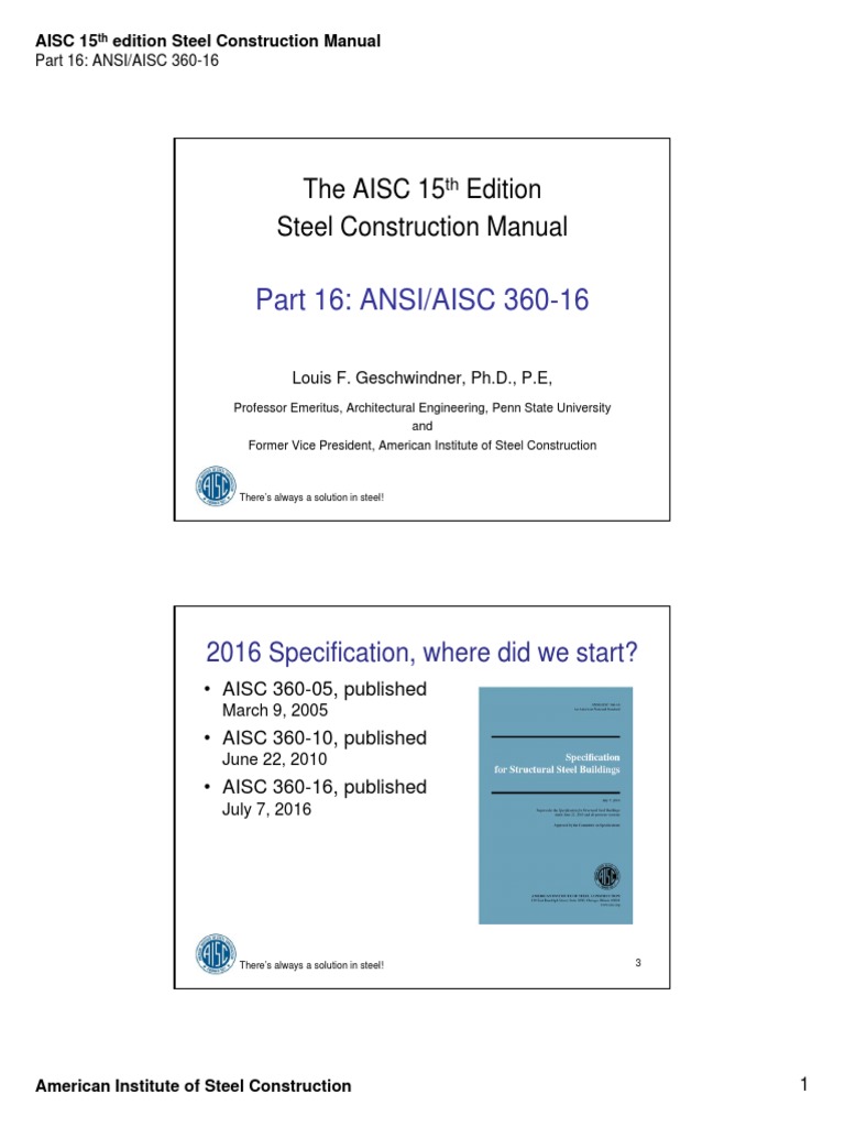 Part 16: ANSI/AISC 360-16: The AISC 15 Edition Steel Construction ...