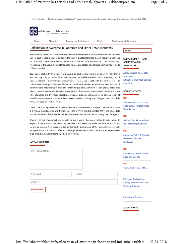 Calculation of Overtime in Factories and Other Establishments | PDF ...