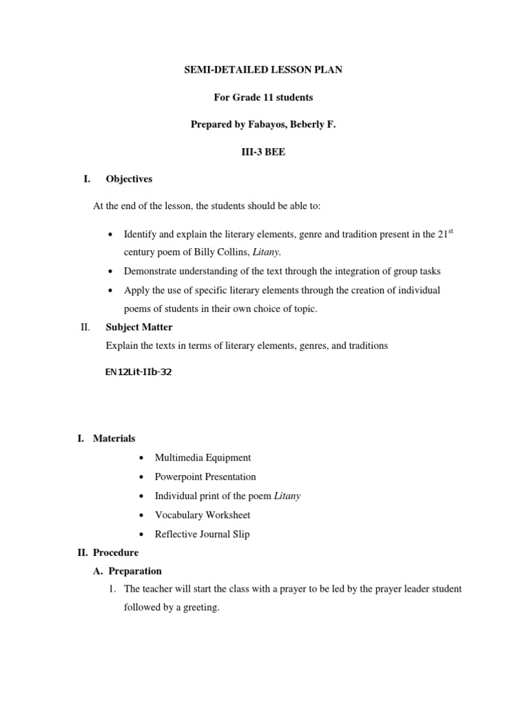 Grade 11 Poetry Lesson Plan | PDF | Poetry | Lesson Plan