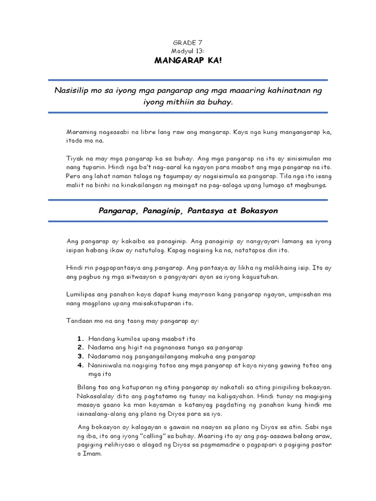 Grade 7 EsP Modyul 13 Handouts | PDF