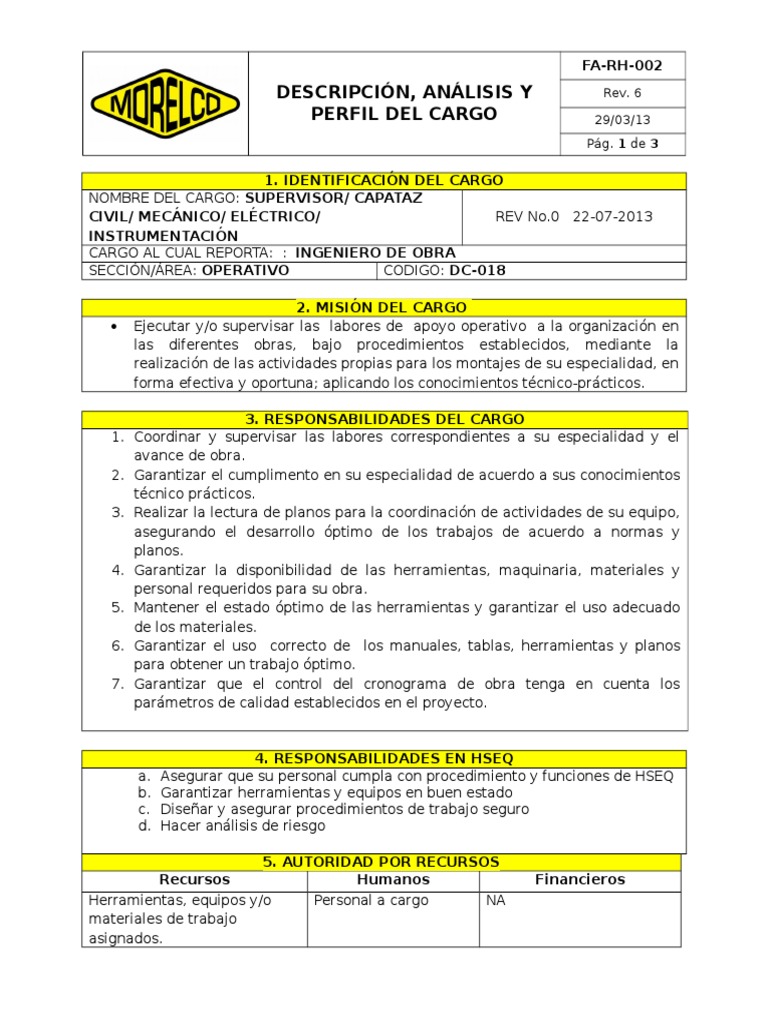 Dc-018 Descripcion Cargo Supervisor - Capataz Civil, Mecanico, Electrico e Instrumentación ...