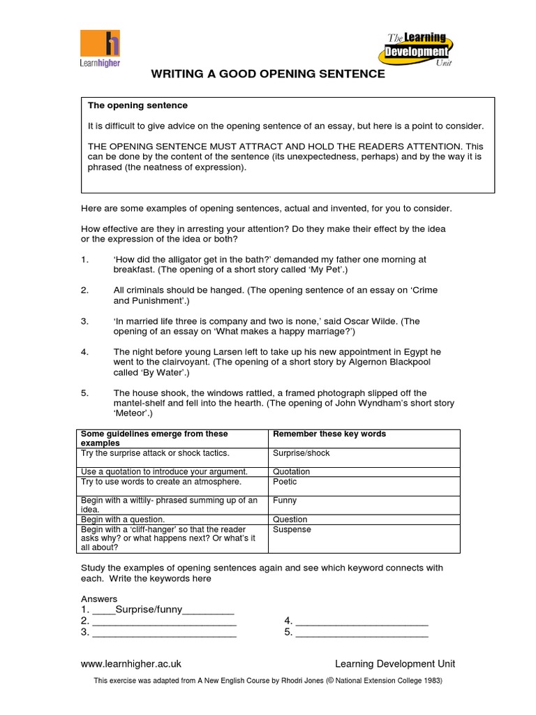 19 Writing A Good Opening Sentence | PDF | Language Arts & Discipline ...