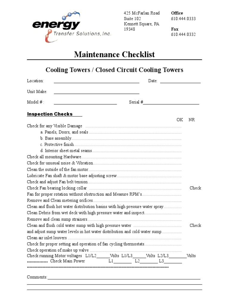 Cooling Tower PM Sheet | PDF | Hvac | Water Heating