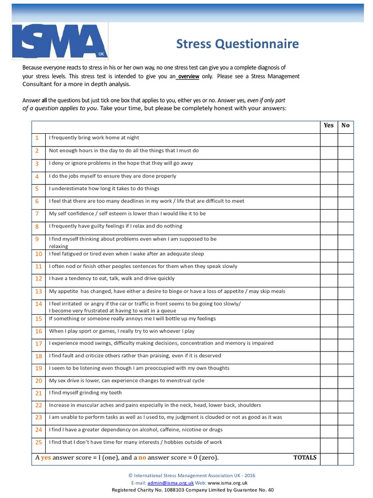 Stress Questionnaire ISMA | Stress Management | Stress (Biology)