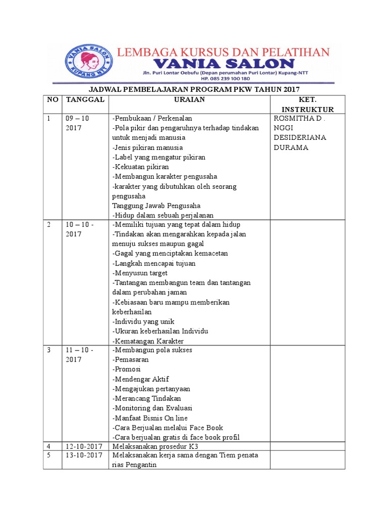 Jadwal Program PKW 2017: Tata Rias | PDF | Bisnis