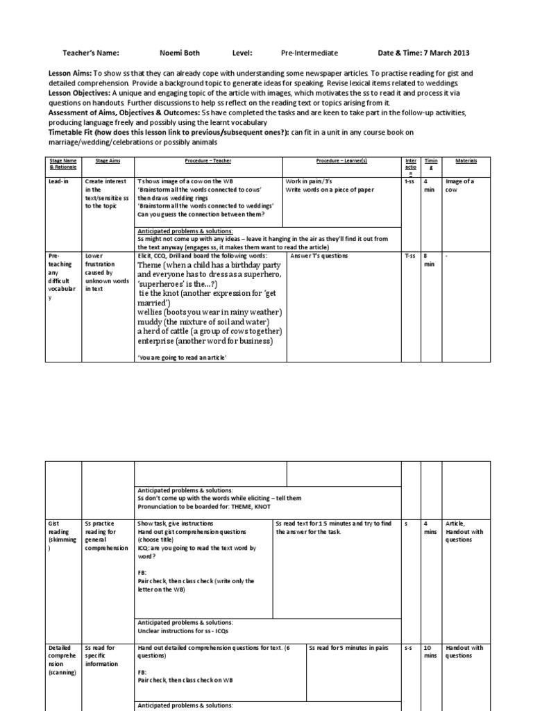 Pre-Intermediate Reading Lesson on Weddings | PDF | Reading ...