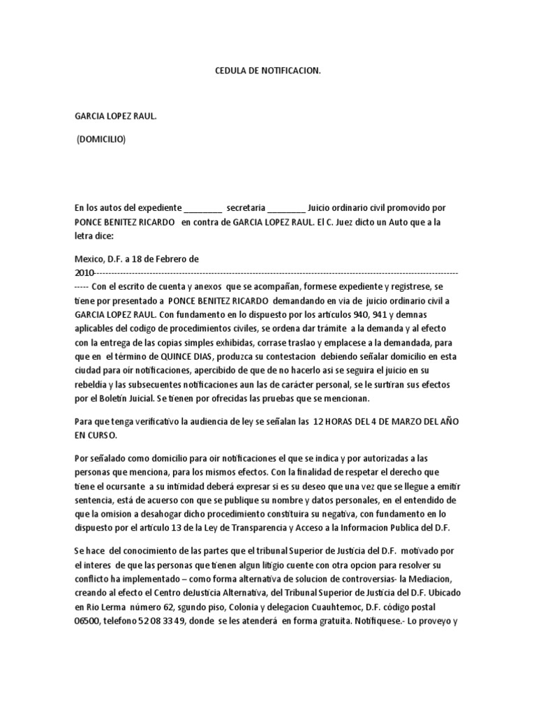 Cedula de Notificacion Civil | PDF | Justicia | Crimen y violencia Cedula de Notificacion Civil | PDF | Justicia | Crimen y violencia