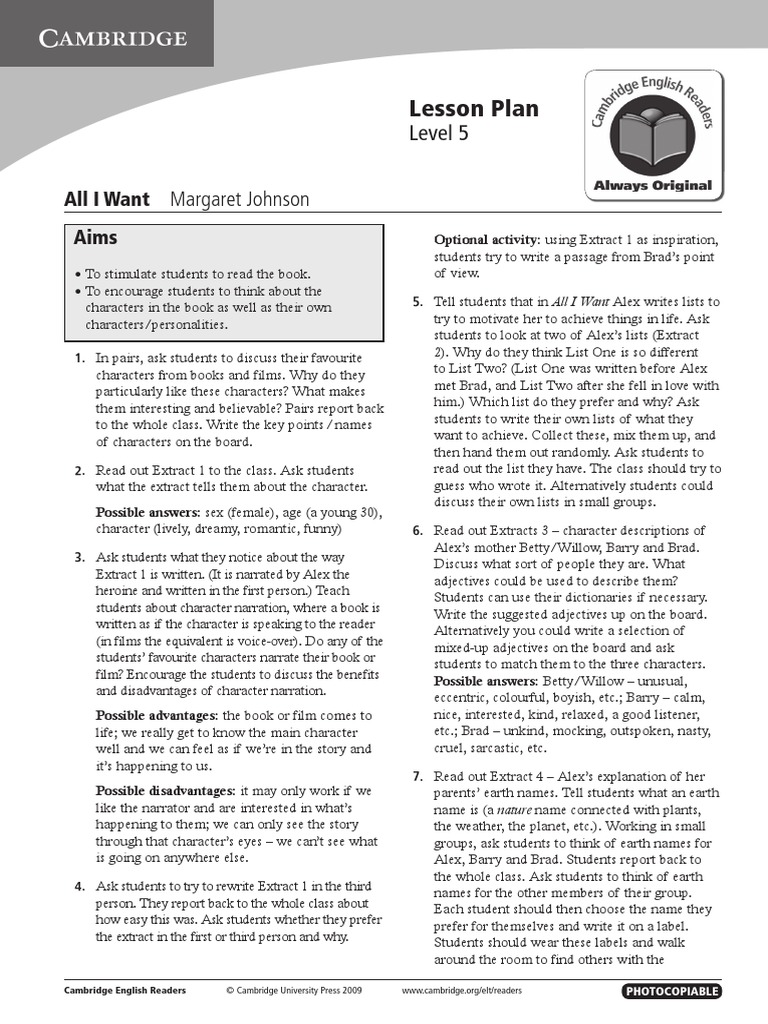 Cambridge English Readers Level5 Upper Intermediate All I Want Lesson Plan | PDF | Narration ...