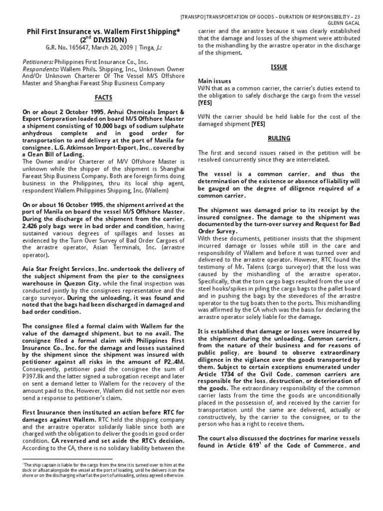 Phil First Insurance vs. Wallem First Shipping | PDF | Cargo | Common ...