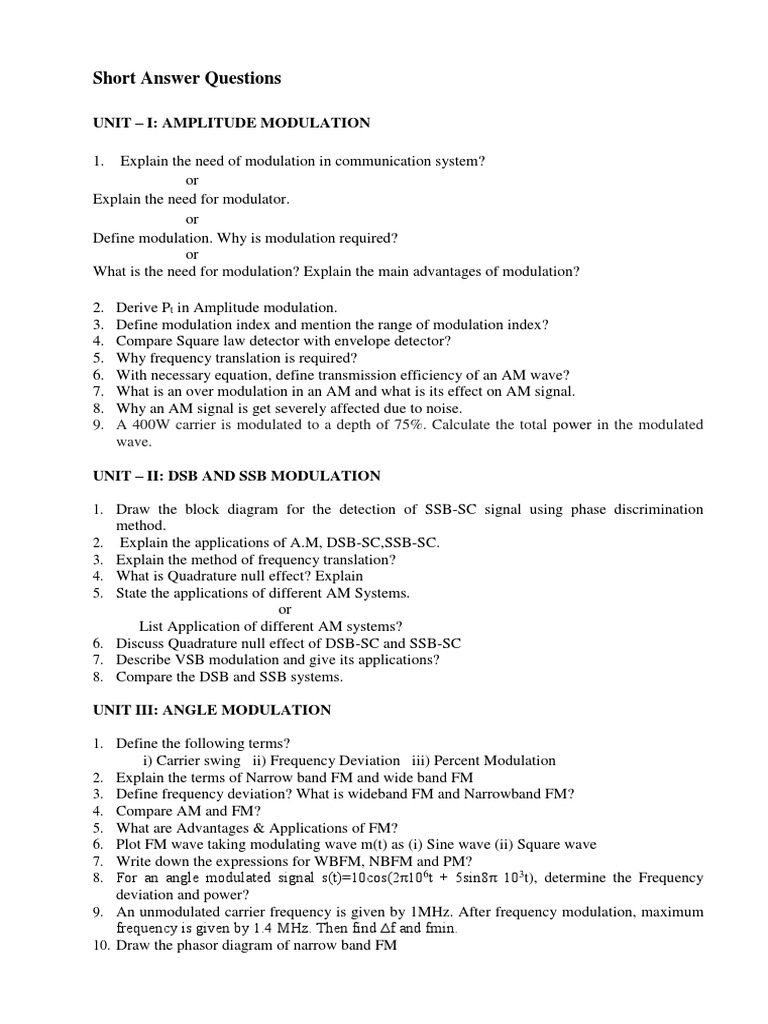 Short Answer Questions: Unit - I: Amplitude Modulation | PDF | Frequency Modulation | Modulation