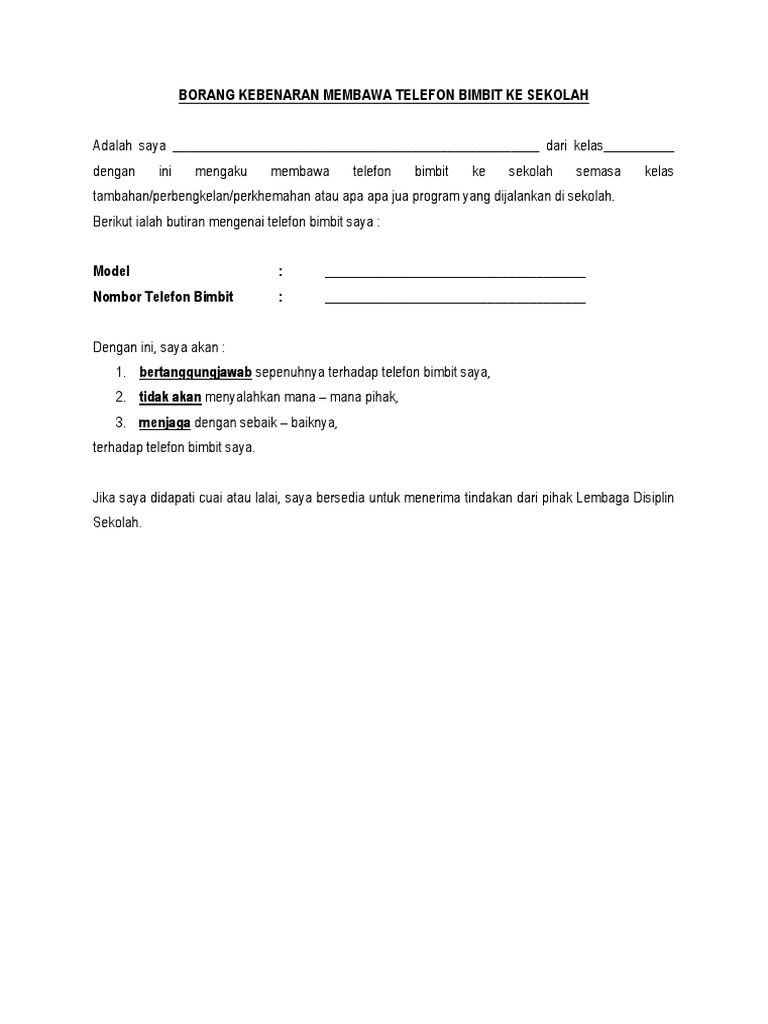 Borang Kebenaran Membawa Telefon Bimbit Ke Sekolah Pdf