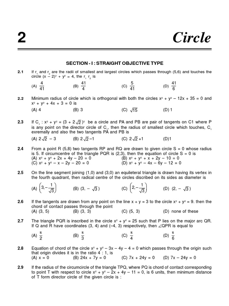 Circle: Section - I: Straight Objective Type | PDF | Circle | Triangle