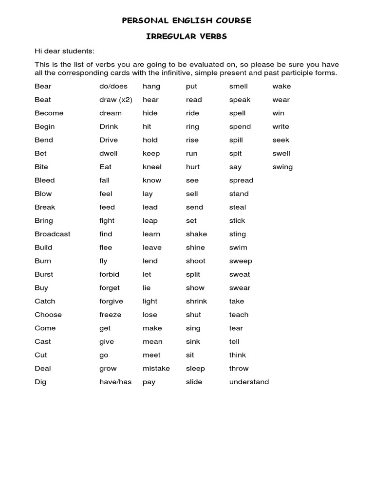 Irregular Verbs for English Evaluation | PDF
