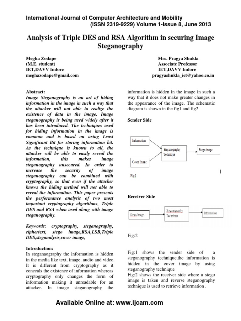 Analysis of Triple DES and RSA Algorithm in Securing Image Steganography | PDF | Cryptography ...