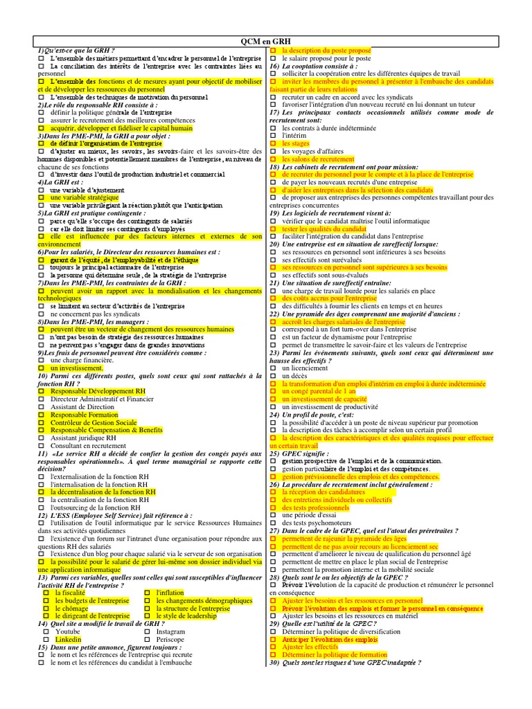 QCM-GRH-corrigé | Gestion des ressources humaines | Recrutement