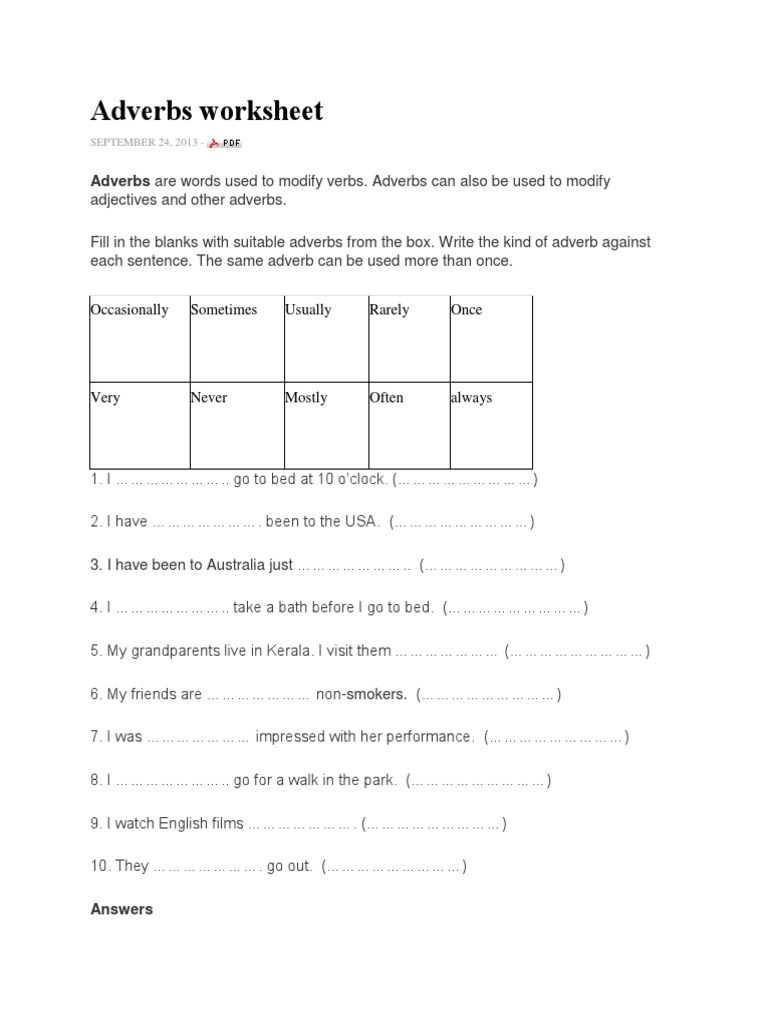 Adverbs Worksheet: Adverbs Are Words Used To Modify Verbs. Adverbs Can ...