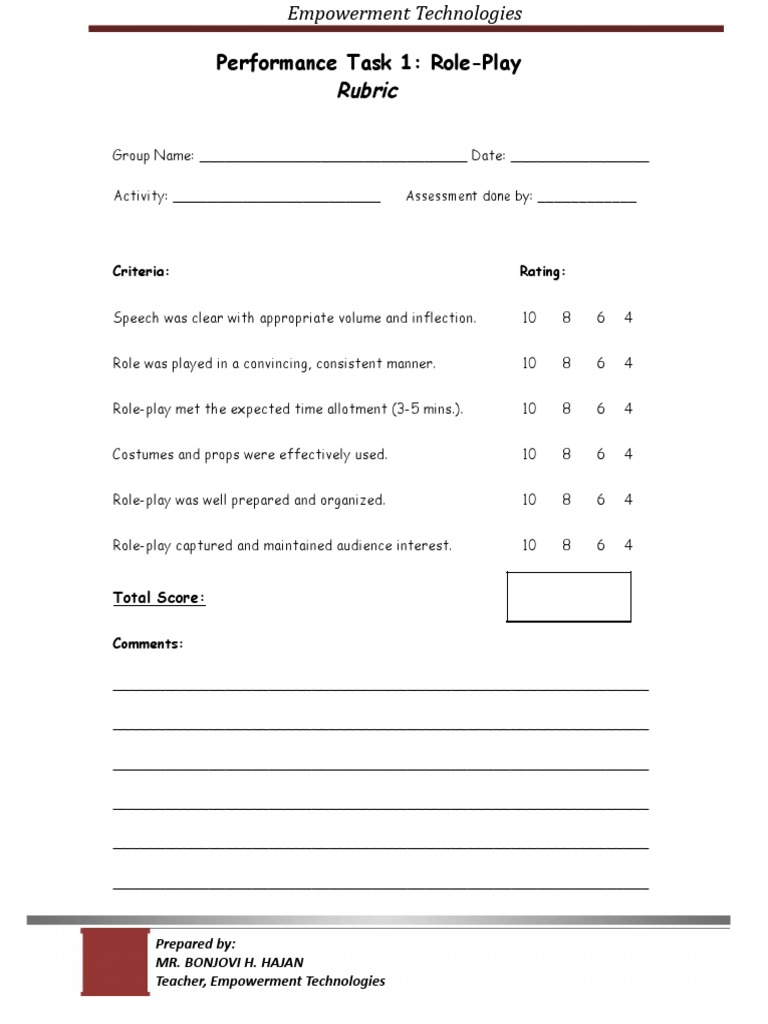 Performance Task 1: Role-Play Rubric: Criteria: Rating | PDF