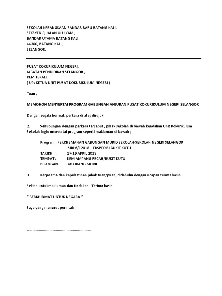 Surat Memohon Menyertai Perkhemahan | PDF