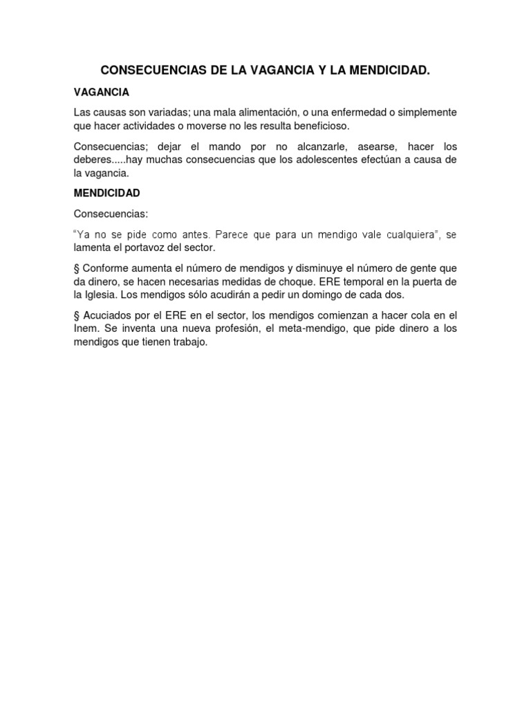 Consecuencias de la Mendicidad y Vagancia | PDF