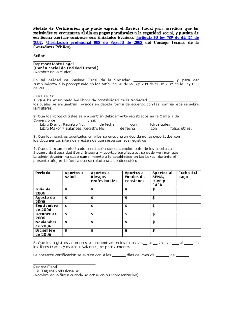 Modelo Certificacion Revisor Fiscal | PDF | Contador | Gobierno Modelo Certificacion Revisor Fiscal | PDF | Contador | Gobierno