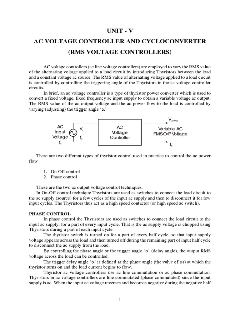 Unit - V Ac Voltage Controller and Cycloconverter (Rms Voltage ...