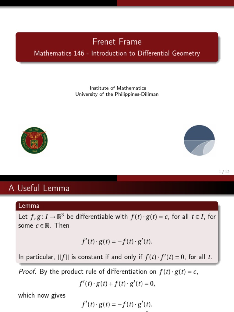 Frenet Frame: Mathematics 146 - Introduction To Differential Geometry ...