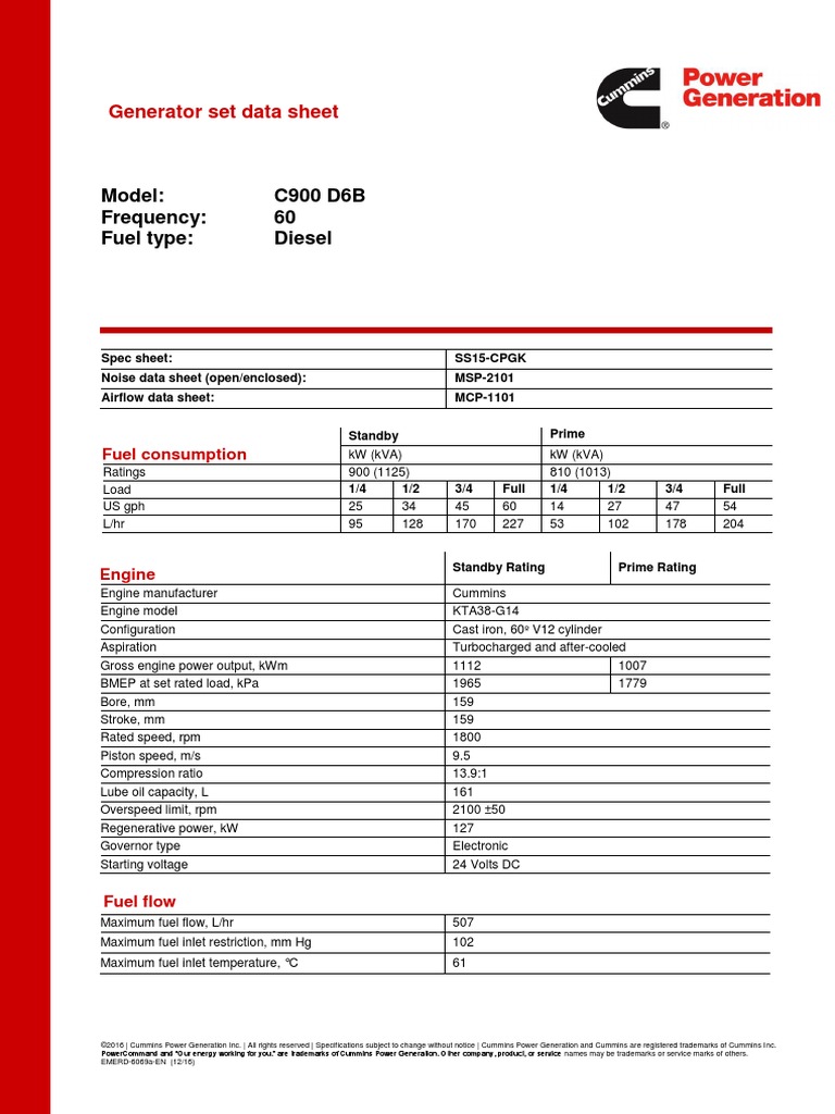 Model: Frequency: Fuel Type: C900 D6B 60 Diesel: Generator Set Data ...