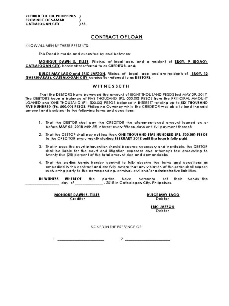 Contract of Loan: Witnesseth | PDF | Debtor | Loans