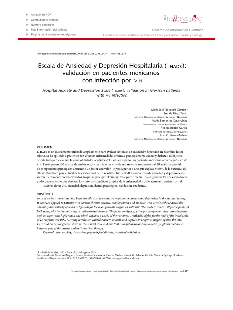 Escala de Ansiedad y Depresión Hospitalaria (HADS) : Validación en P ...