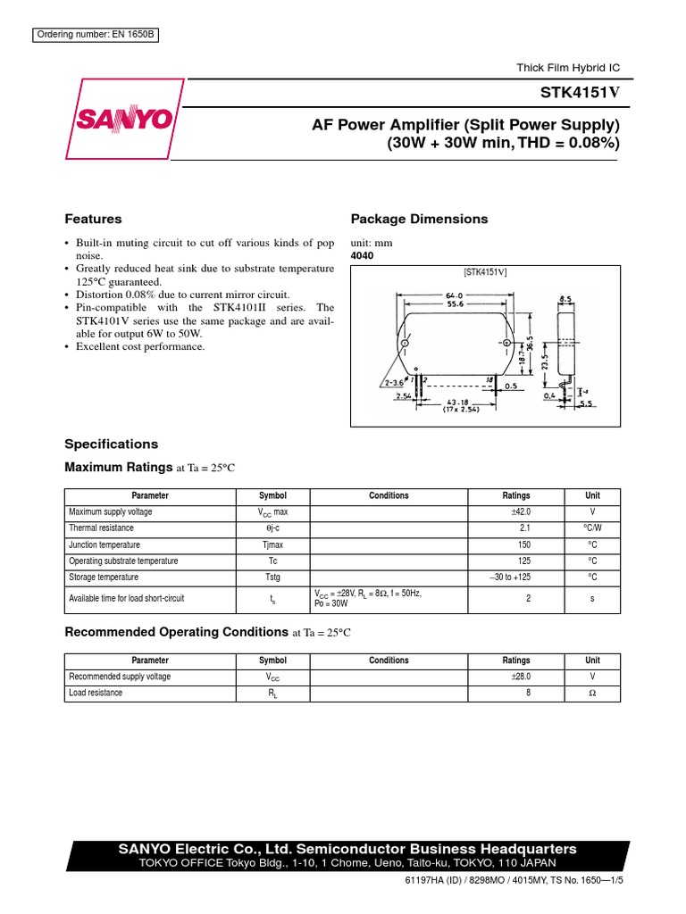STK4151 AF Power Amplifier (Split Power Supply) (30W + 30W Min, THD 0. ...